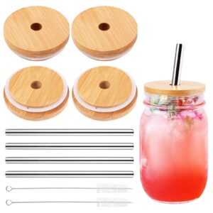 trusber 4 pack reusable bamboo regular mouth drinking lids with straw hole and straw for mason jar (jar not included)