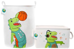 kazulo dinosaur baskets set, kids hampers, dinosaur laundry basket, dinosaur clothes hamper with handles, dino decor, dinosaur stuf, book storage bins for kids (dino bundle)