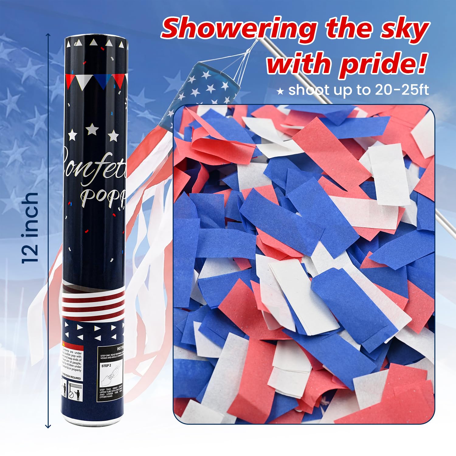 12Pack Confetti Cannon 4th of July Patriotic Confetti Poppers for July 4th Decor Party Poppers Biodegradable Red White Blue Independence Day Confetti Party Shooter for Celebration Party Decorations