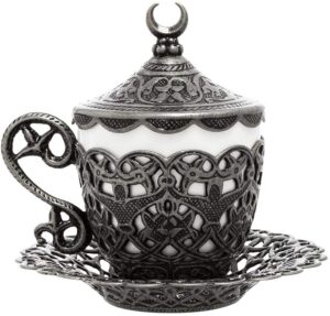 alisveristime (1 pc turkish coffee cup - traditional design with crescent motif, porcelain cup and saucer for turkish, greek, arabic coffee and espresso (gelincik) (black)