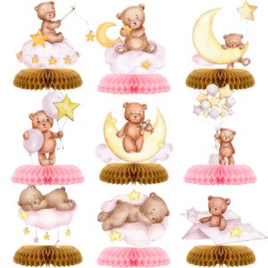 9 pcs bear baby shower honeycomb centerpieces party decorate pink little bear balloons paper topper honeycomb 3d table decoration for kids party baby shower party supplies