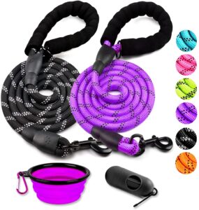 cooyoo 2 pack dog leash 6 ft heavy duty - comfortable padded handle - reflective dog leash for medium large dogs with collapsible pet bowl set 3-black+purple