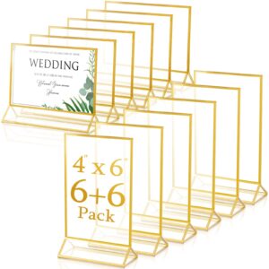 12 pieces gold frames clear acrylic sign holder double sided menu display stand with gold borders 2mm table number holder for wedding recipe cards photo display(horizontal vertical,4 x 6 inch)