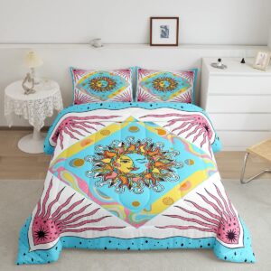 manfei sun moon comforter set full,starry sky galaxy trippy bedding set 3pcs for kids teens adults room decor,boho exotic geometric creative quilt set,colorful blue duvet insert with 2 pillowcases