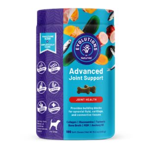 evolutions by naturvet advanced joint support 180ct soft chews for dogs - anchovy oil, bone broth, collagen, glucosamine, turmeric, msm - helps support synovial fluid, cartilage, connective tissues