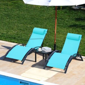 athlike 3 pcs poolchairs patio chaise lounge set with headrest, 5-level adjustable sunbathing tanning poolside recliner chairs with side table for outdoor beach (black)