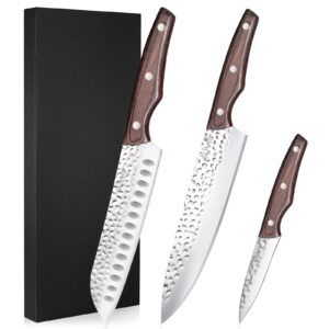 syvio chef knife set, kitchen knives with high carbon stainless steel & wooden handle, kitchen knife set 3 pcs-8" chef’s knife &7" santoku knife&5" paring knife with gift box