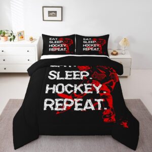 hockey comforter twin for kids boys teens,black red grey eat sleep hockey bedding set warm,ice hockey player down comforter bedroom decor,graffiti winter sports game quilted duvet with 1 pillow sham