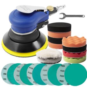 5 inch air random orbital sander for auto body work, pneumatic palm sander with 10 polishing sponge & wool pads, 10 sandpapers (5 inch kit)