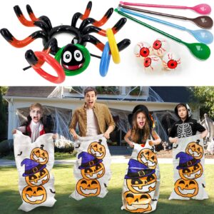 17 pcs halloween party games, 4 potato sack race bags, inflatable spider ring toss game, 4 eyeballs and spoon race game for kids family adults 4 players halloween party favor decor outdoor indoor yard