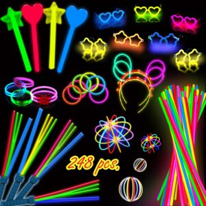 248 pcs glow sticks party pack - that includes, 100 pcs 8 inch glow sticks, 6 pcs glow sticks wands – create glow in the dark necklaces, bracelets. neon light sticks decoration for parties favors glow