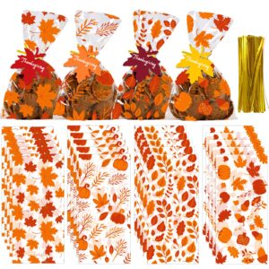 yujun 120 pcs fall cellophane treat bags,maple leaves gift goodie candy autumn clear cello bags with 60 pieces maple leaves tags for fall autumn thanksgiving theme party favor supplies(4 styles)