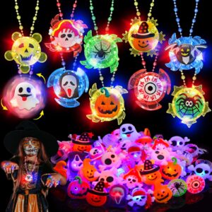 amenon 60 pcs halloween party favors for kids, 10 styles rotating light up necklaces & 50 led flash rings halloween toys gifts ghost glow in the dark party supplies halloween treat goodie bag fillers