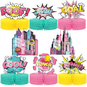 8 pcs hero girl party supplies hero honeycomb action sign pink table topper centerpiece paper cardboard cutouts for happy birthday baby girl shower party favor