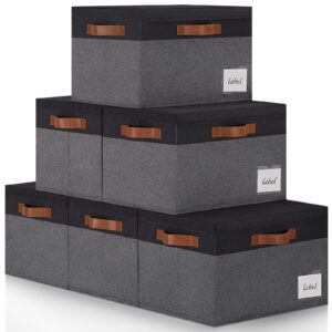 pffvrp extra large storage bins with lids, foldable fabric storage baskets with lids, sturdy storage boxes with labels and 3 pu handles for closet home bedroom office (32l, grey&black)