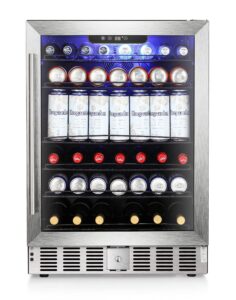 antarctic star 5.1 cu.ft beverage refrigerator,166 can wine cooler,low noise,transparent glass door, efficient cooling system with safety lock, for home, bar, office, 24 inch, stainless steel silver