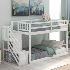 merax twin over twin low bunk bed with ladder and for storage staircase for teens, boys or girls, no box sping needed