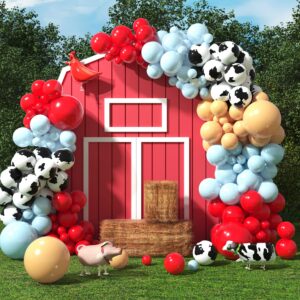 house of party cow balloons garland - 110 pcs | western cow print blue red & tan balloons with cow foil balloon for decoration | cowboy baby farm theme decor