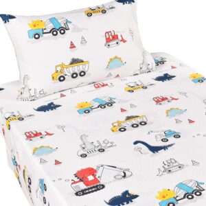 j pinno dinosaur construction work digger cars vehicle cute cozy fun twin sheet set for kids girls children, 100% cotton, flat sheet + fitted sheet + pillowcase bedding set (dinosaur, twin)