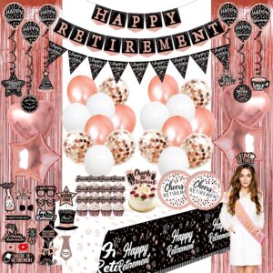 happy retirement party decorations women - (80pack) rose gold party banner, pennant,hanging swirl,birthday balloons,foil backdrops,tablecloths,cupcake topper,crown, plates,photo props,retired sash