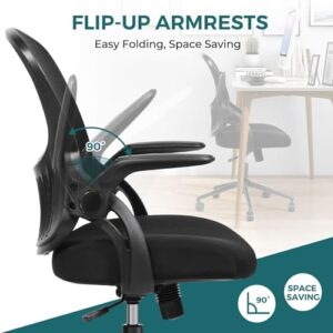 SMUG Office Computer Gaming Desk Chair, Ergonomic Mid-Back Mesh Rolling Work Swivel Chairs with Flip-up Arms, Comfortable Lumbar Support, Comfy Arms for Home, Bedroom, Study, Student, Adults, Black