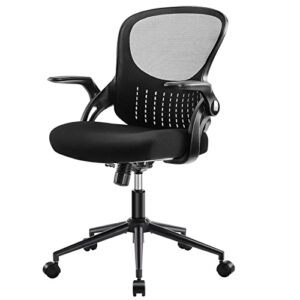 smug office computer gaming desk chair, ergonomic mid-back mesh rolling work swivel chairs with flip-up arms, comfortable lumbar support, comfy arms for home, bedroom, study, student, adults, black