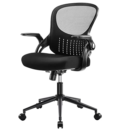 SMUG Office Computer Gaming Desk Chair, Ergonomic Mid-Back Mesh Rolling Work Swivel Chairs with Flip-up Arms, Comfortable Lumbar Support, Comfy Arms for Home, Bedroom, Study, Student, Adults, Black