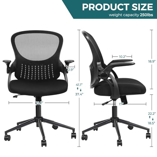 SMUG Office Computer Gaming Desk Chair, Ergonomic Mid-Back Mesh Rolling Work Swivel Chairs with Flip-up Arms, Comfortable Lumbar Support, Comfy Arms for Home, Bedroom, Study, Student, Adults, Black