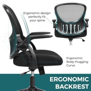 SMUG Office Computer Gaming Desk Chair, Ergonomic Mid-Back Mesh Rolling Work Swivel Chairs with Flip-up Arms, Comfortable Lumbar Support, Comfy Arms for Home, Bedroom, Study, Student, Adults, Black