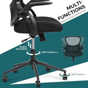 SMUG Office Computer Gaming Desk Chair, Ergonomic Mid-Back Mesh Rolling Work Swivel Chairs with Flip-up Arms, Comfortable Lumbar Support, Comfy Arms for Home, Bedroom, Study, Student, Adults, Black