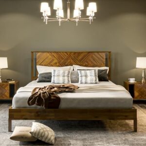 bme ethan solid wood king bed frame with diamond headboard - rustic & mid-century modern - acacia wood platform bed - compatible with all mattresses - no box spring needed - rustic dark brown