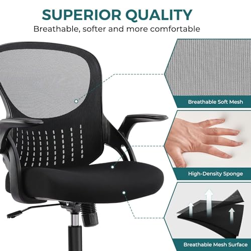 SMUG Office Computer Gaming Desk Chair, Ergonomic Mid-Back Mesh Rolling Work Swivel Chairs with Flip-up Arms, Comfortable Lumbar Support, Comfy Arms for Home, Bedroom, Study, Student, Adults, Black