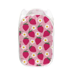 coldinair strawberry floral pink mesh pop up laundry hamper,foldable collapsible laundry dirty clothes basket for home,dorm,apartment or travel