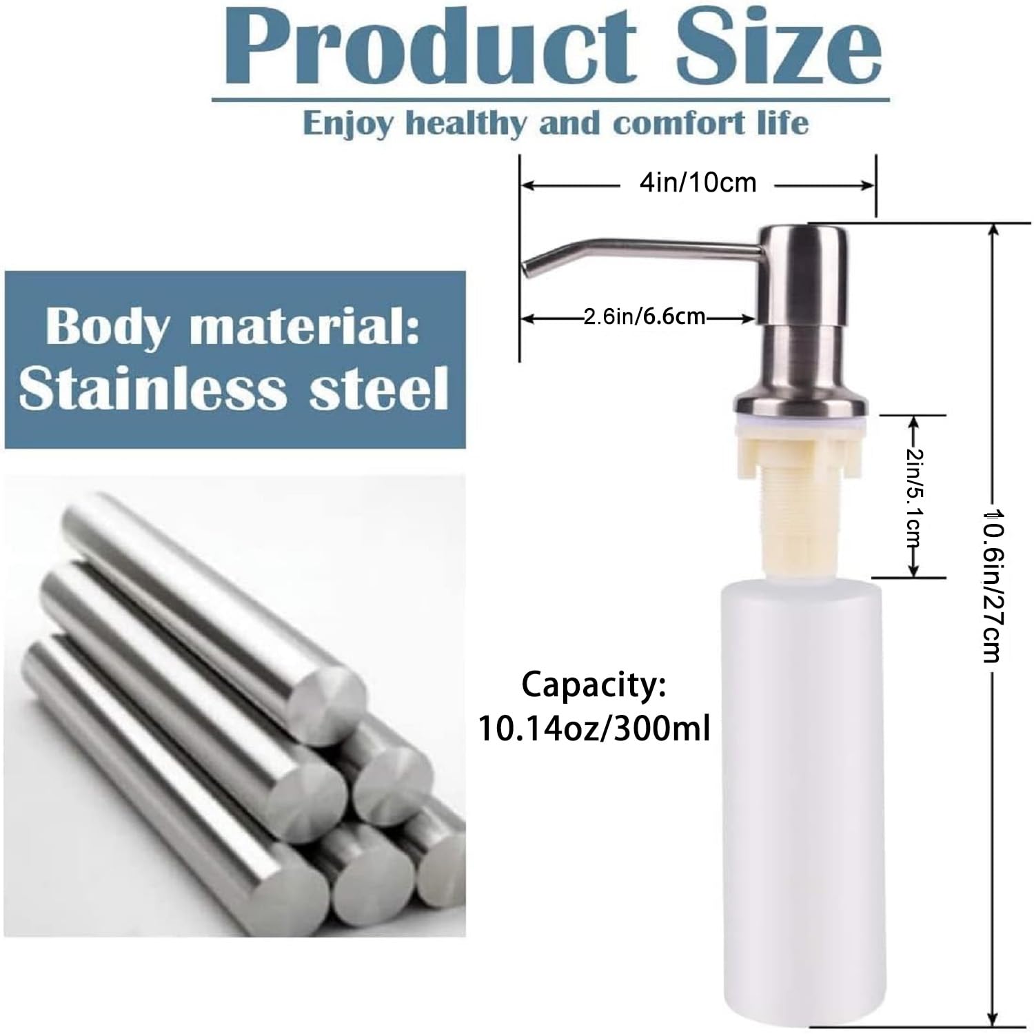 Soap Dispenser for Kitchen Sink (Brushed Nickel),Built in Design Sink Soap Dispenser, Refill from The Top, Stainless Steel Kitchen Soap Pump with 10 fl.oz Bottle (300ml)