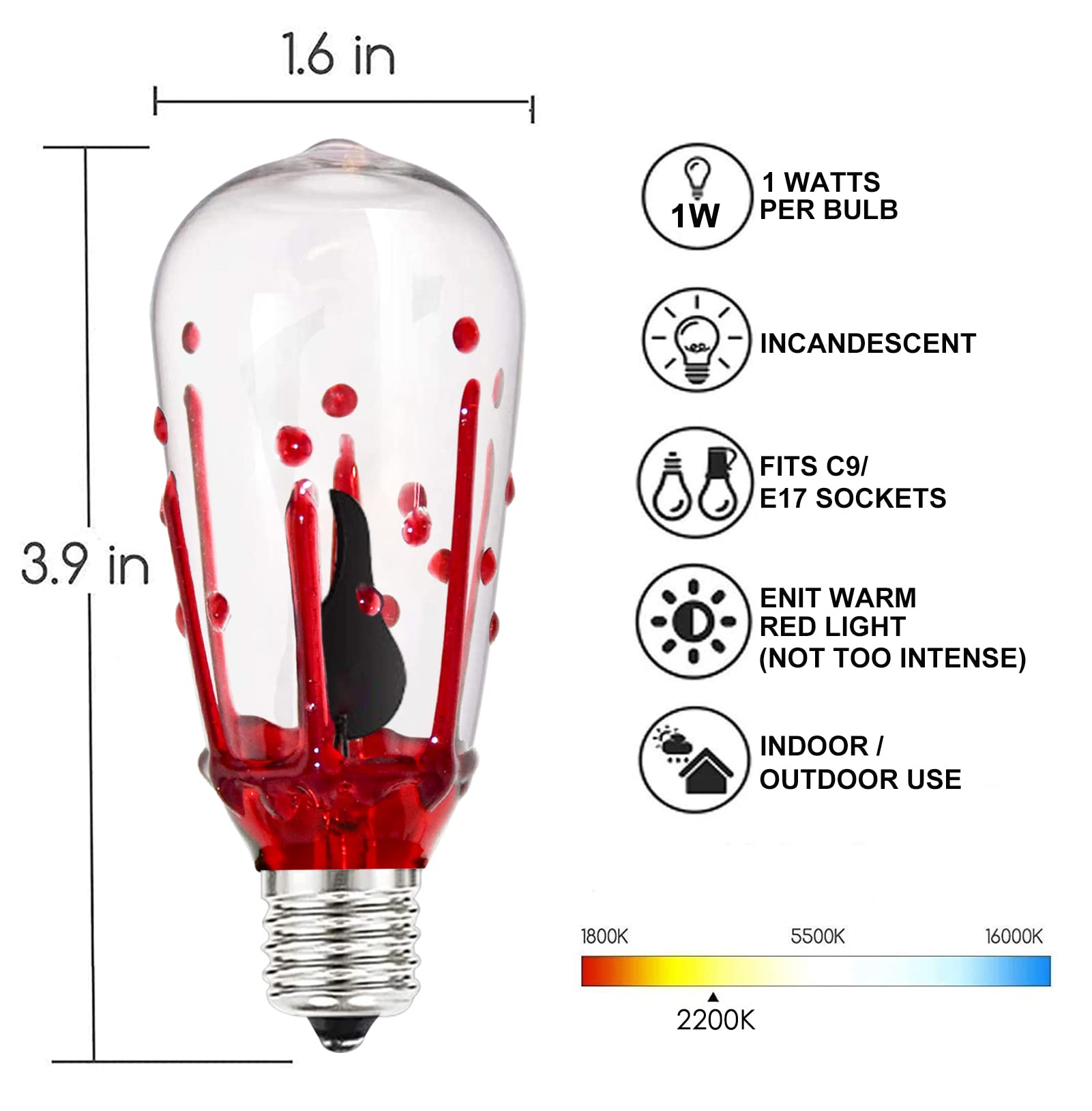 Pallerina Halloween Replacement Bulbs, Halloween Flicker Flame Light Bulbs, ST40 Blood Drop Light Bulbs with a Flickering Red Glow, Halloween Decorations 1 Watt E17 Base, 10 Pack