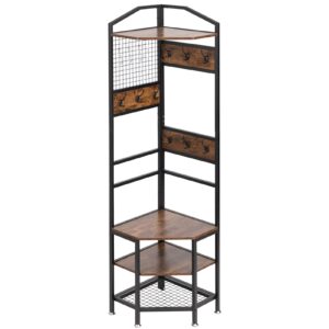 doeworks 4-tier corner industrial hall tree, freestanding entryway coat storage rack with hooks and wooden storage shelves, black