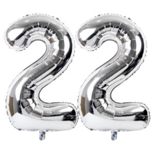 huge silver balloon number 22,40 inch silver 22nd mylar foil helium birthday decoration balloons，silver 22 balloons for wedding anniversary birthday party decors,22year old men women birthday balloons