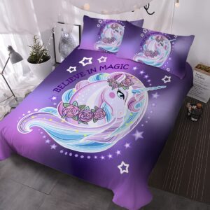 blessliving king unicorn bedding set purple unicorn bed set 3 piece soft girl comforter cover, cartoon unicorn bedspreads kids, teens and women, king size