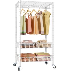 vipek r2 rolling garment rack heavy duty clothes rack for hanging clothes adjustable wire clothing rack with hanging rack, freestanding portable closet on wheel with basket metal closet storage, white