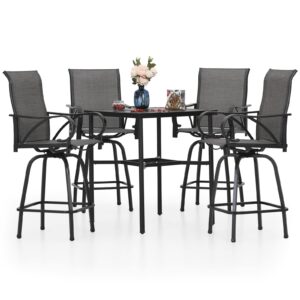 phi villa 5 piece bar height patio dining set, outdoor table chair bar set for 4 with outdoor swivel bar stool chair and large metal bar table