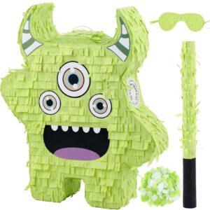 halloween piñata set with blindfold piñata stick and confetti funny party favors green devil shape bash piñata for kids halloween birthday party decoration supplies, baby shower, 15.75 x 9.06 inches