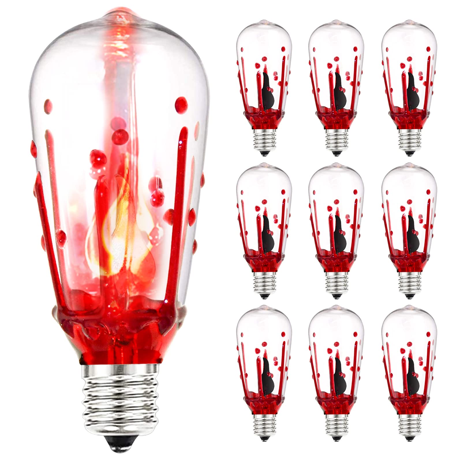 Pallerina Halloween Replacement Bulbs, Halloween Flicker Flame Light Bulbs, ST40 Blood Drop Light Bulbs with a Flickering Red Glow, Halloween Decorations 1 Watt E17 Base, 10 Pack