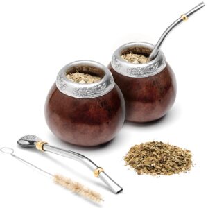 balibetov yerba mate gourd set (original natural handmade yerba mate cup argentina) - includes mate tea cup, bombilla (yerba mate straw) and clean brush - classic mate cup and bombilla set (brown x2)