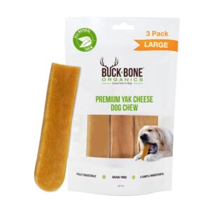 buck bone organics yak cheese chews for dogs, all natural himalayan yak chew, long lasting pet treats, odor free, with limited ingredients (3 large sticks)