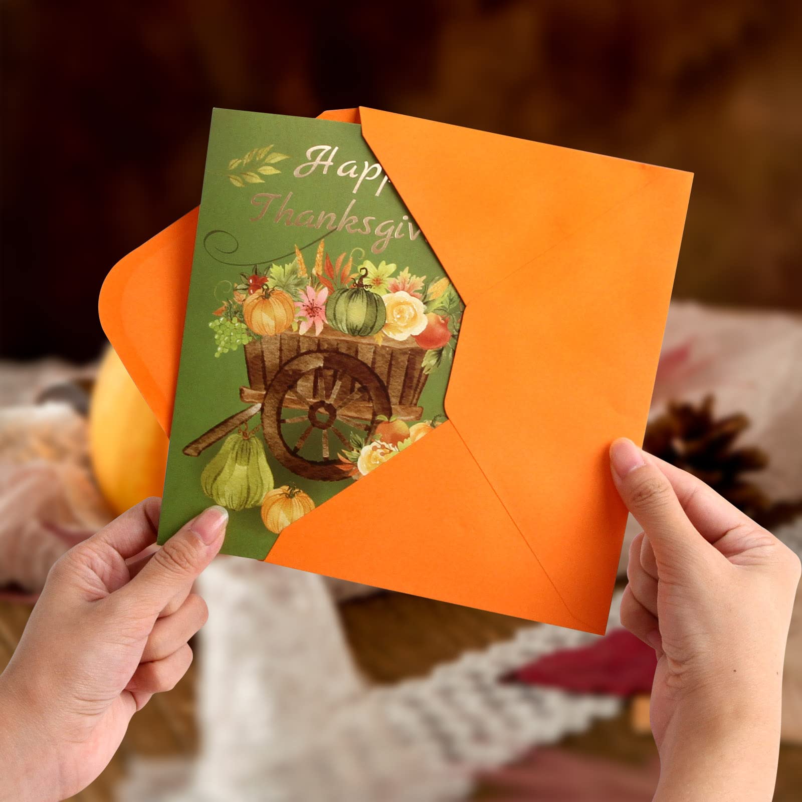 WorldBazaar Gold Foil Thanksgiving Cards with Envelopes 24PCS Happy Harvest Thanks Cards Fall Autumn Thanksgiving Party Supplies