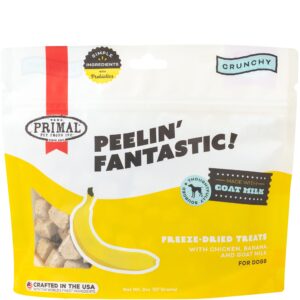 primal freeze dried dog treats; chicken & banana dog treats with goat milk for dogs, peelin' fantastic, grain free training treats for dogs with probiotics, 2 oz