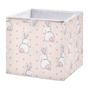 oyihfvs hand drawn white rabbits back with pink tail on pink polka dots square foldable cube storage basket collapsible fabric with handles bag organizer clothes for home bedroom 11 x 11 x 11 in