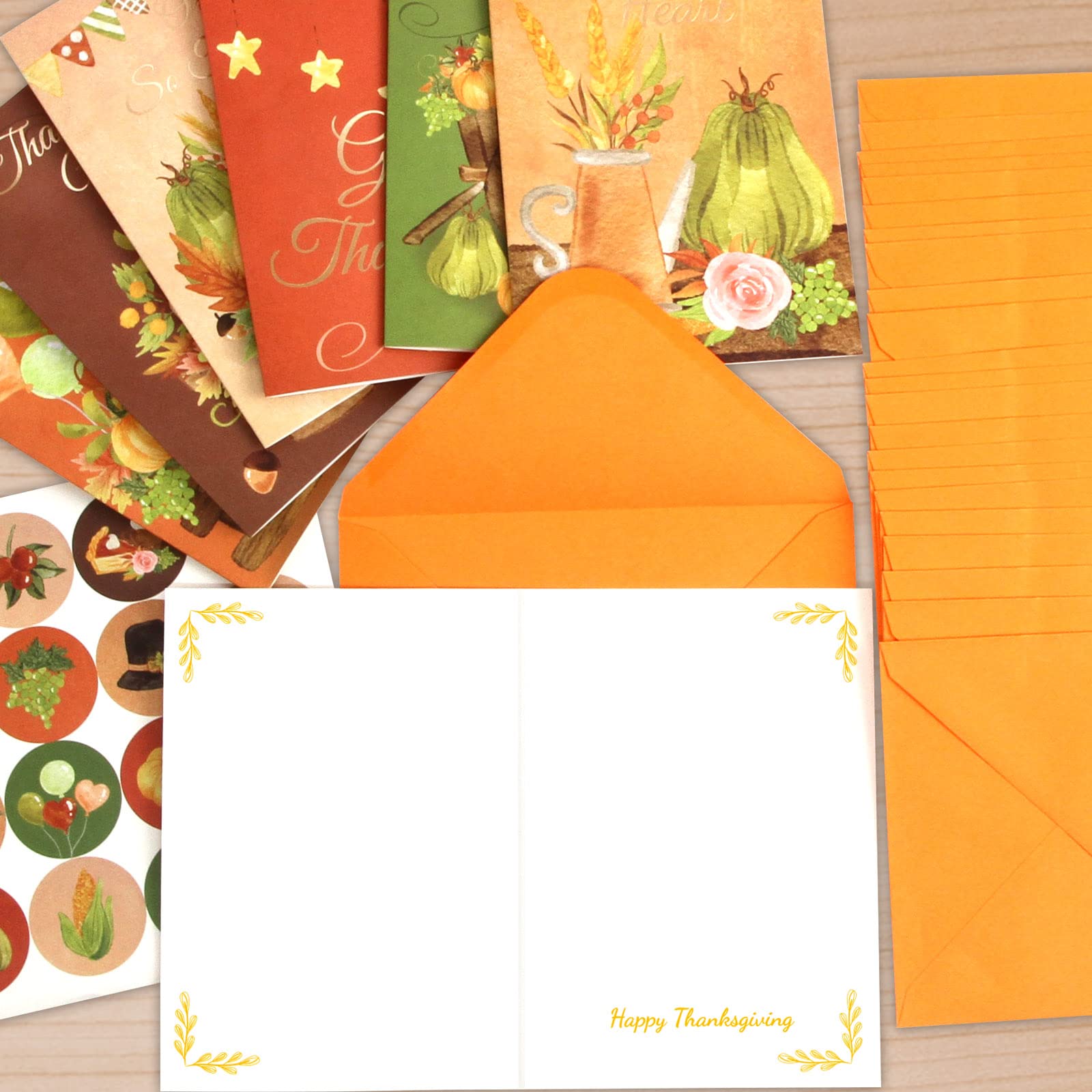 WorldBazaar Gold Foil Thanksgiving Cards with Envelopes 24PCS Happy Harvest Thanks Cards Fall Autumn Thanksgiving Party Supplies