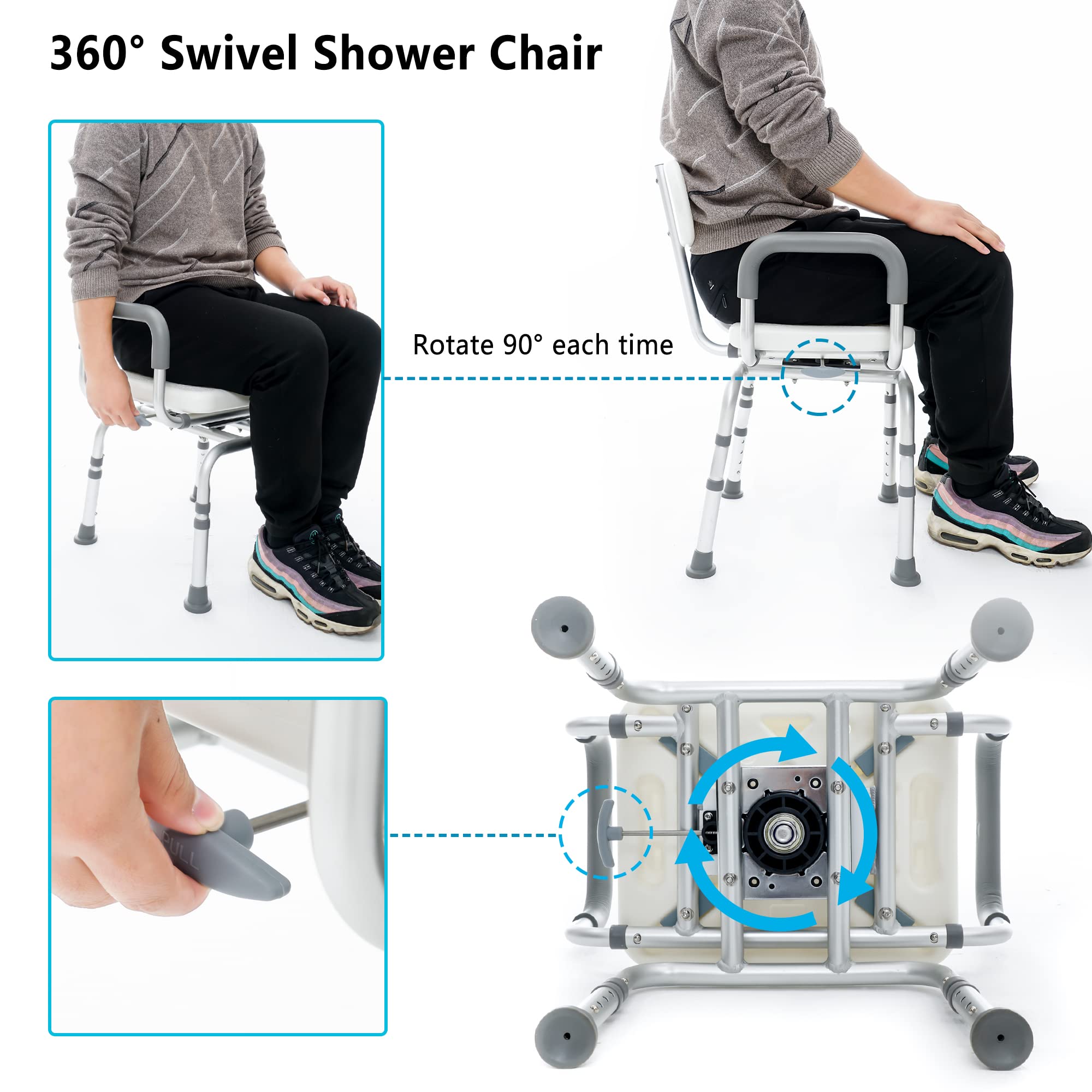 KUNTOM Swivel Shower Chair Bath Chair Height Adjustable with Arms and Back, Aluminum Alloy Frame with Locking Mechanism White