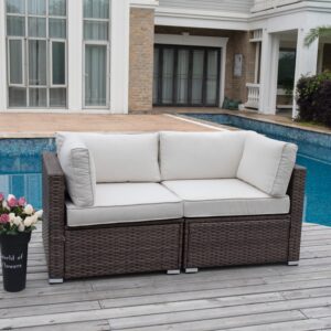 cosiest 2-piece outdoor furniture loveseat wicker sectional sofa set w off white thick cushions for garden, pool, backyard